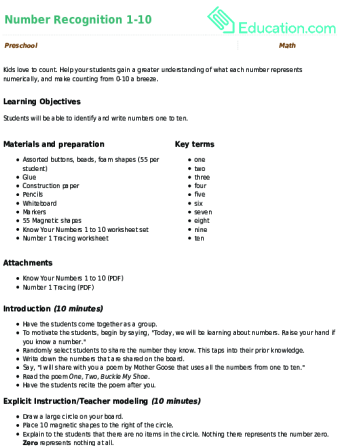 Number Recognition 1-10 Lesson Plan | Lesson Plan | Education.com