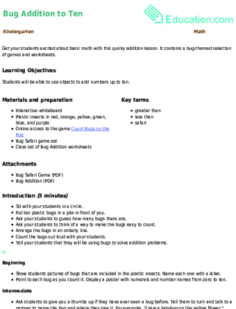 Bug Addition to Ten Lesson Plan | Lesson Plan | Education.com