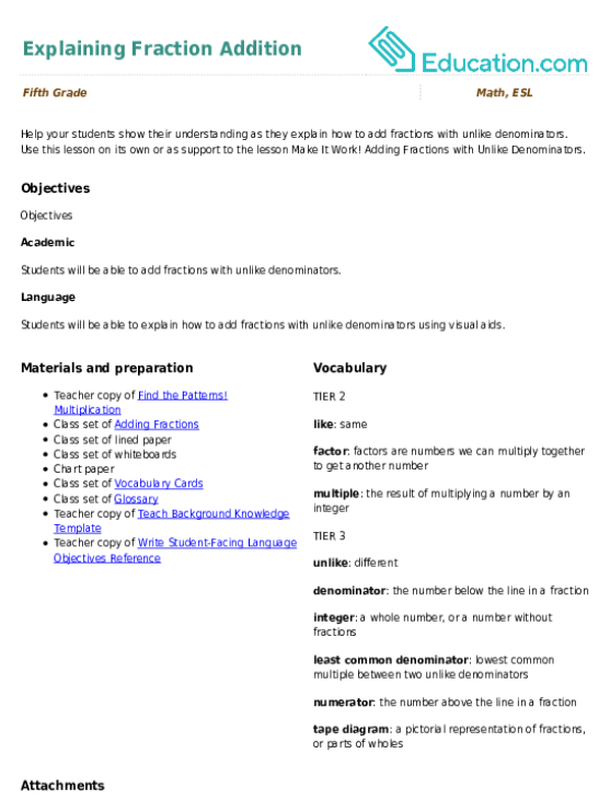 Equivalent Fraction EL Support Resource Educational Resources ...