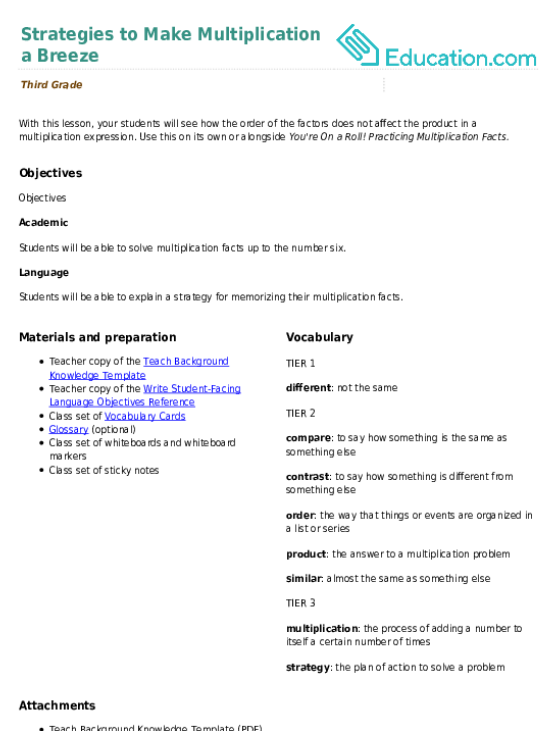 3rd Grade Multiplication Fact Lesson Plans | Education.com