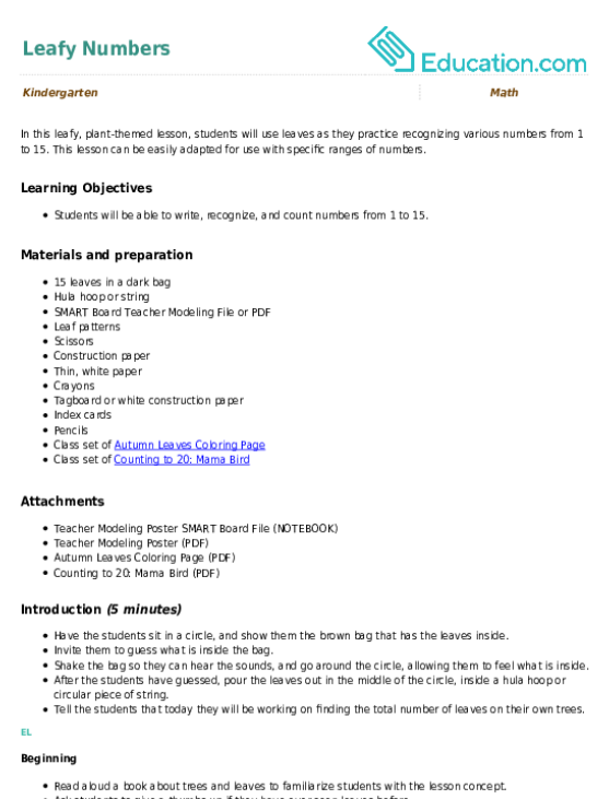 Kindergarten Number Sense Lesson Plans | Education.com