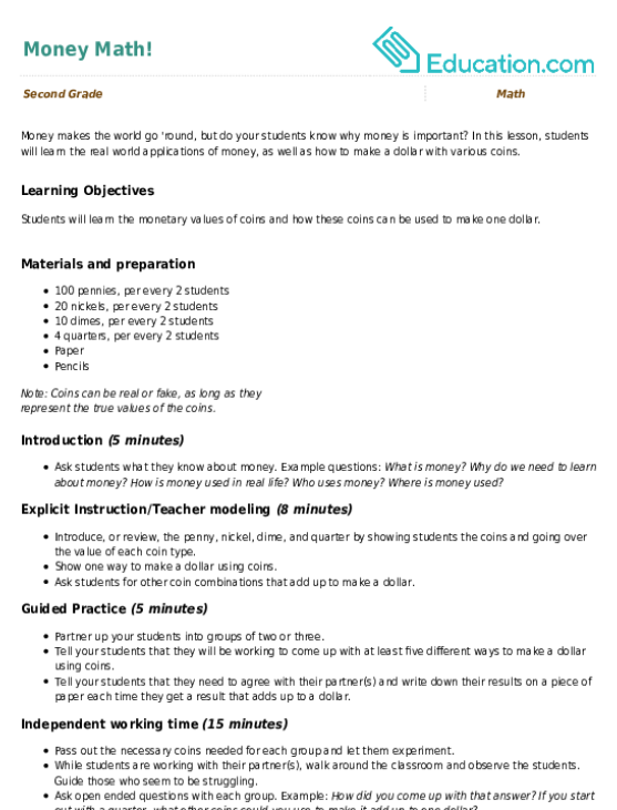 Free Money Math Lesson Plans for Kids | Education.com