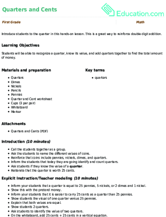 Quarters and Cents Lesson Plan | Lesson Plan | Education.com