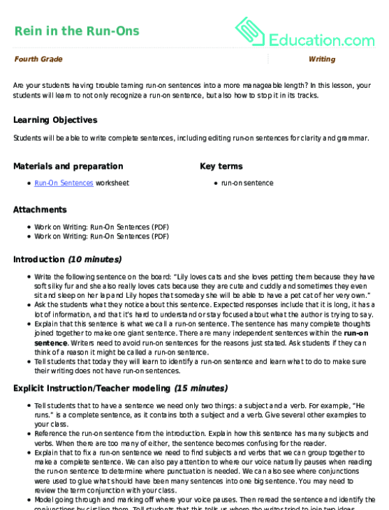 2nd - 4th Grade Complete Sentences, Fragments, and Run-On Lesson Plans ...