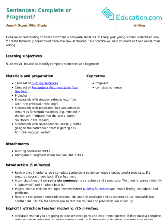complete-sentences-vs-fragments Lesson Plans | Education.com