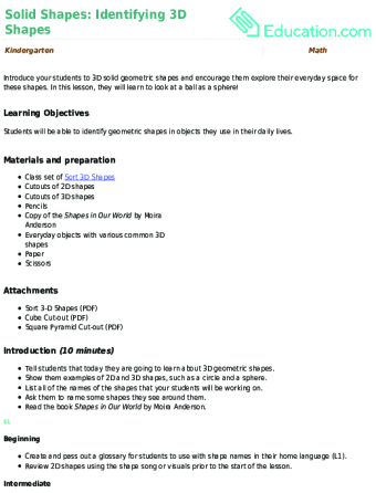 Solid Shapes: Identifying 3-D Shapes Lesson Plan | Lesson Plan ...