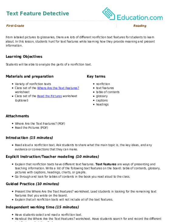 1st Grade Common Core Using Text Feature Lesson Plans | Education.com