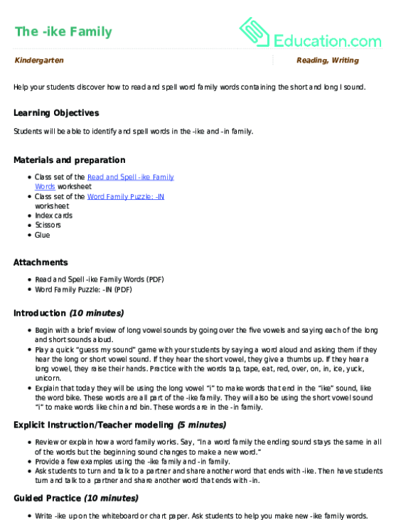 Common Core Long Vowel Word Family Lesson Plans | Education.com