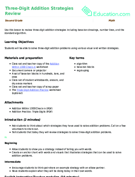 Three-Digit Addition and Regrouping Lesson Plans | Education.com